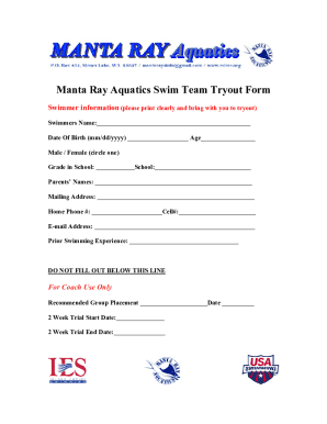 Fillable Online Manta Ray Aquatics Swim Team Tryout Form Fax Email ...