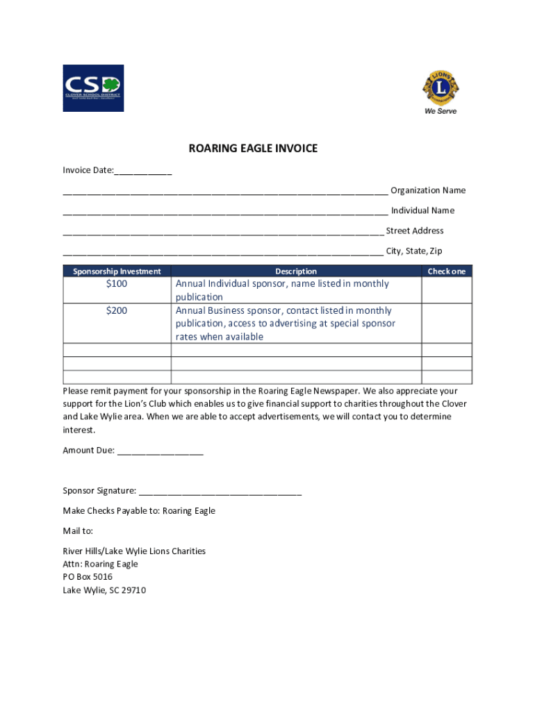Fillable Online ROARING EAGLE INVOICE Fax Email Print - pdfFiller