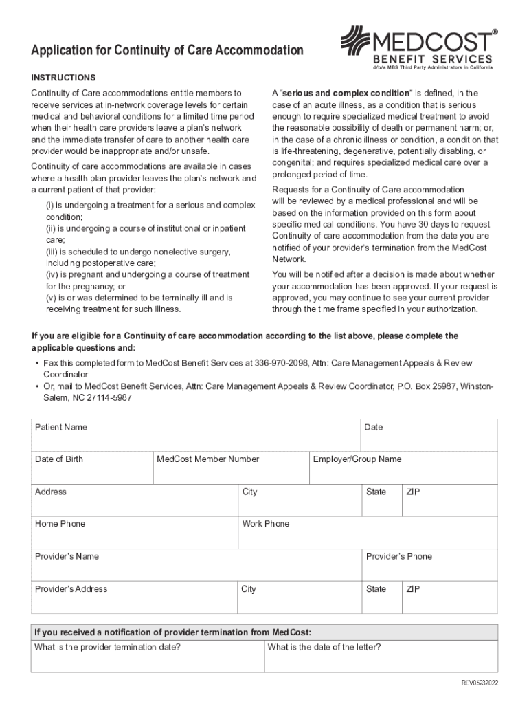 Fillable Online Application for Continuity of Care Accommodation Fax Email Print - pdfFiller