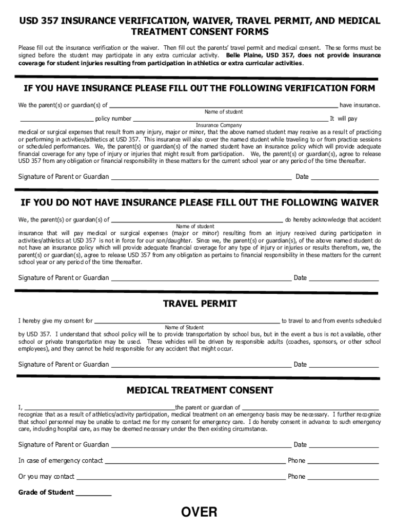 Fillable Online usd 357 insurance verification, waiver, travel permit ...