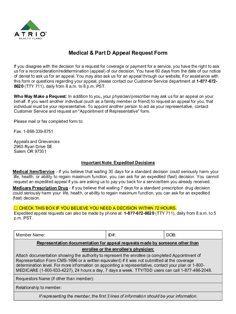 Fillable Online Medical & Part D Appeal Request Form Fax Email Print ...