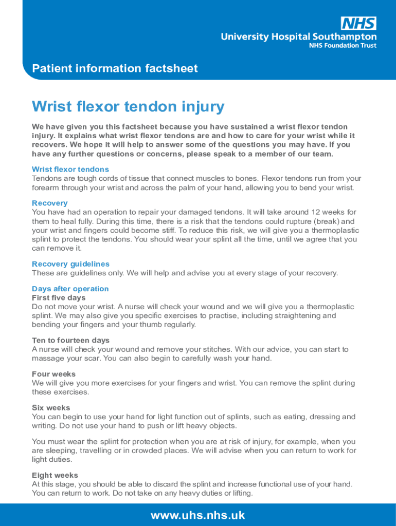 Fillable Online Wrist flexor tendon injury - patient information. This ...