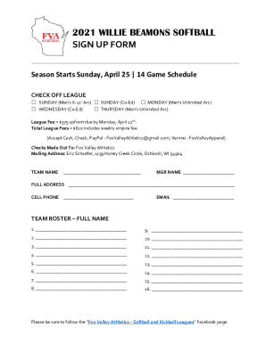 Fillable Online WILLIE BEAMONS SOFTBALL/KICKBALL SIGN UP FORM Fax Email ...