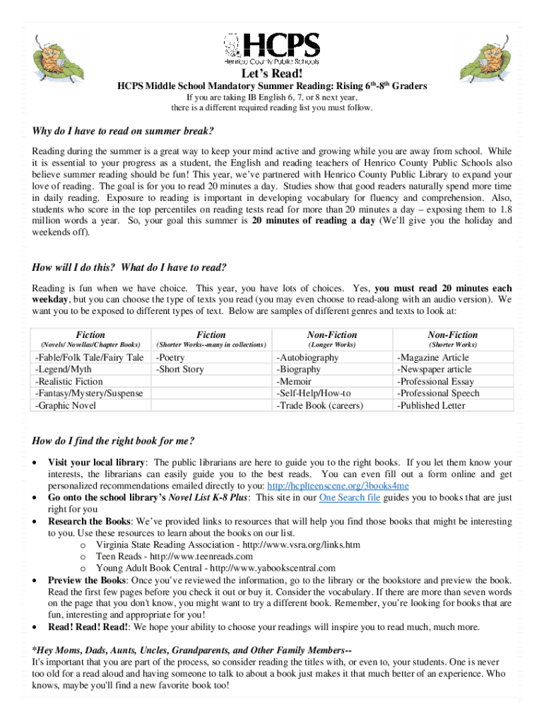 Fillable Online HCPS Middle School Mandatory Summer Reading Fax Email ...