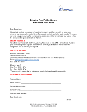 Fillable Online Fairview Free Public Library Homework Alert Form Fax ...