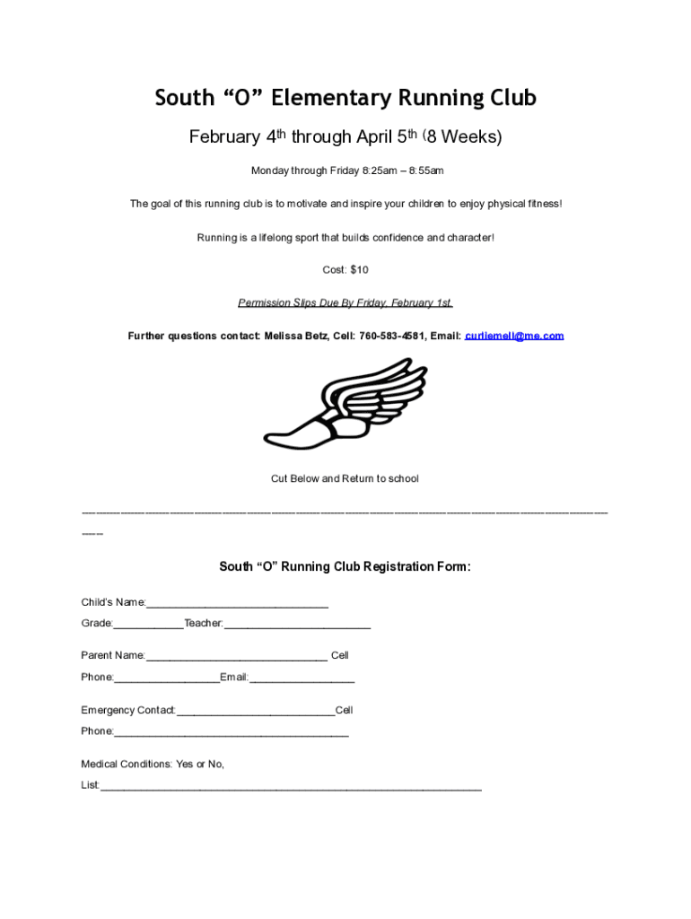 Fillable Online South O Elementary Running Club registration form Fax ...