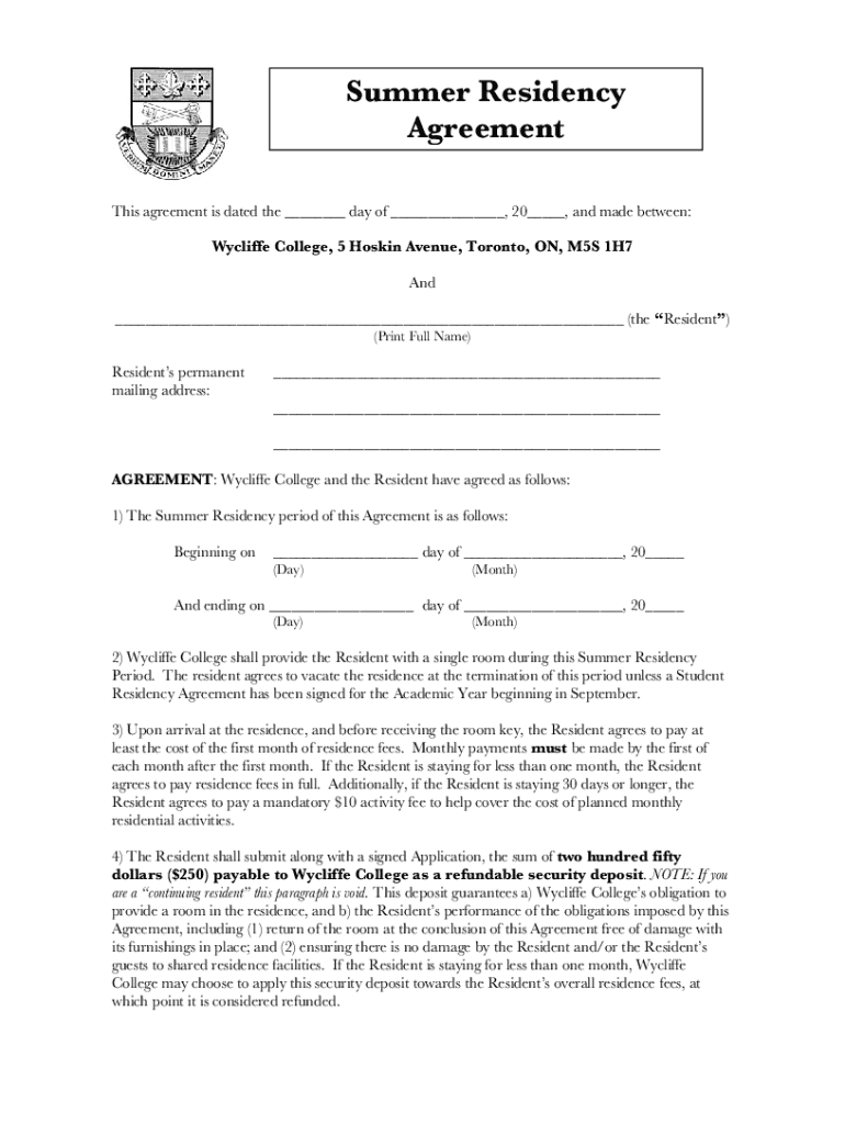 Fillable Online Residence Agreement - 2018 Summer Residency Agreement ...