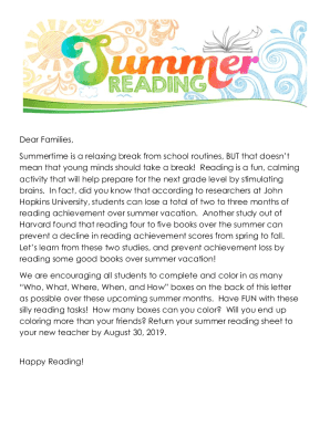 Fillable Online Dear Families, Summertime is a relaxing break from ...