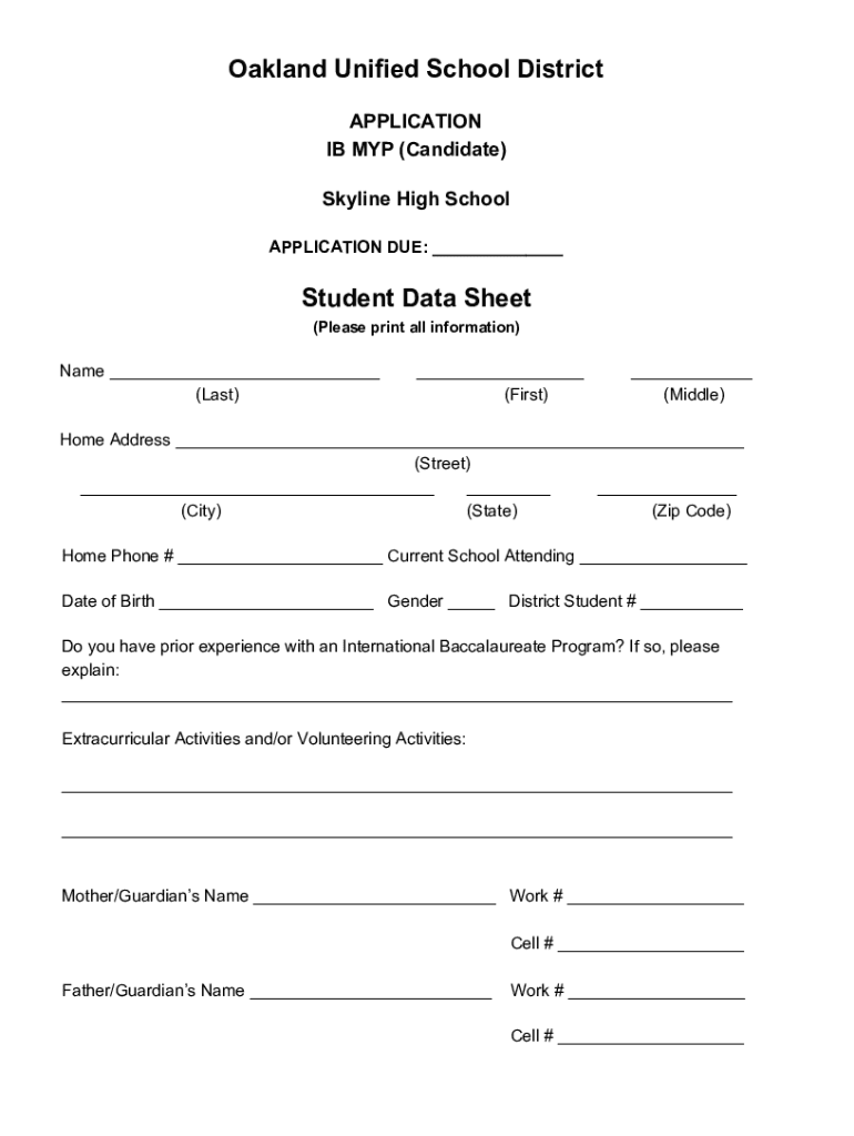 Fillable Online Oakland Unified School District Student Data Sheet Fax fillable-online-oakland-unified-school-district-student-data-sheet-fax