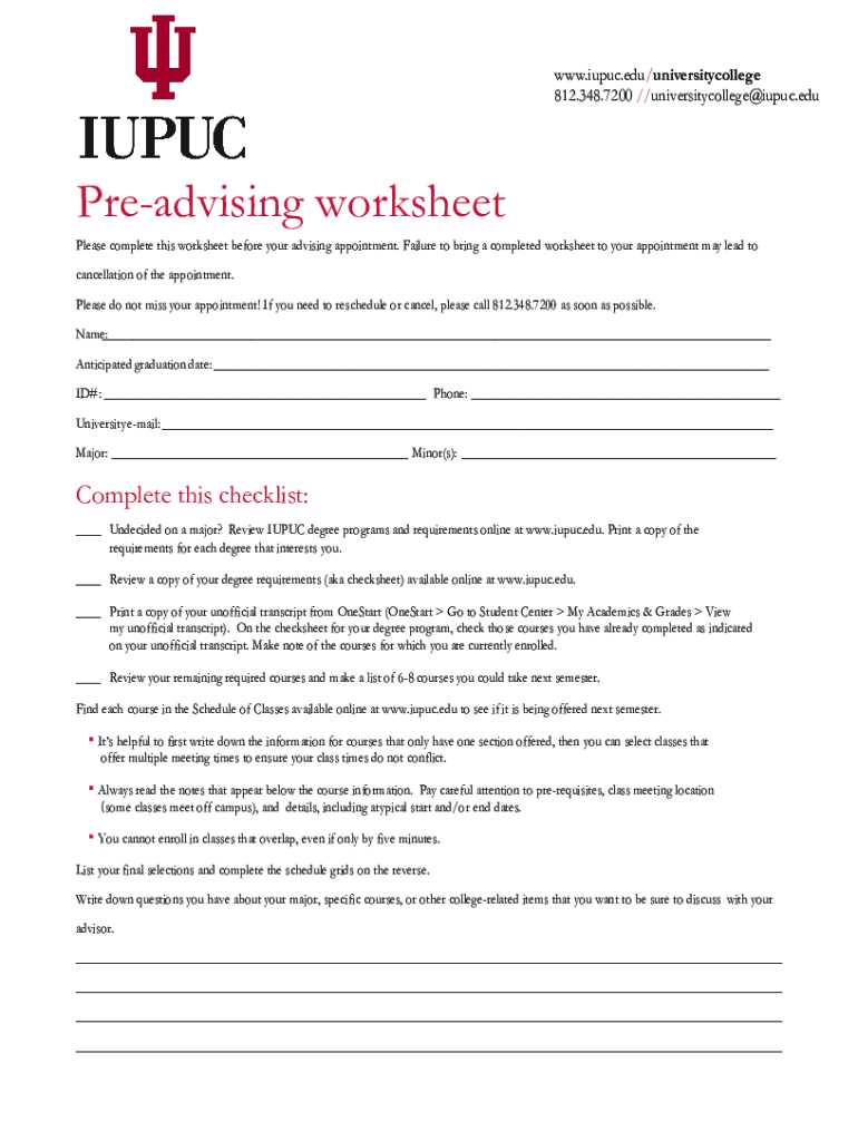 Fillable Online Pre-advising worksheet Fax Email Print - pdfFiller