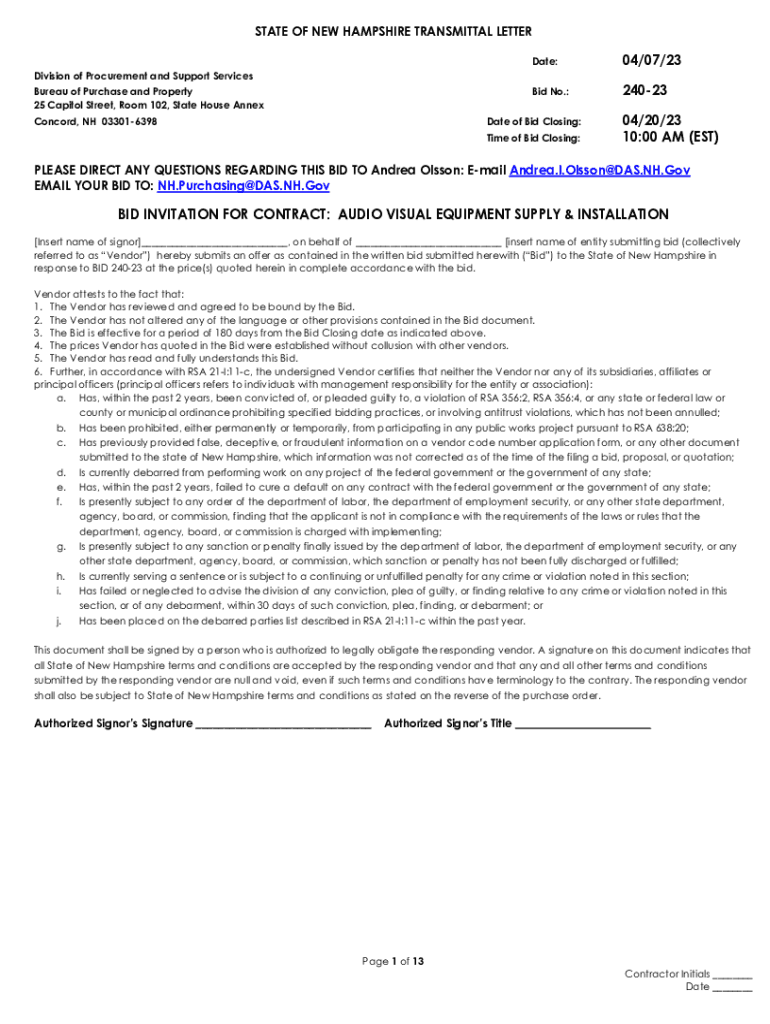 Fillable Online BID INVITATION FOR CONTRACT: AUDIO VISUAL EQUIPMENT ...