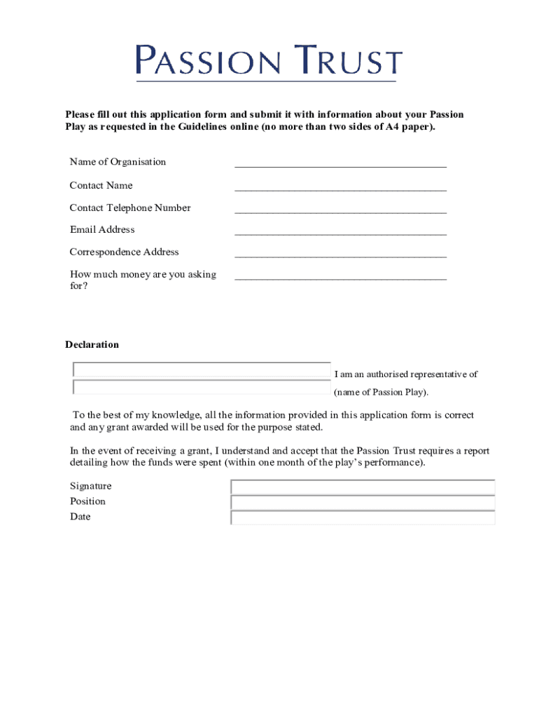 Fillable Online Passion Trust Grant Application for Passion Plays - The ...