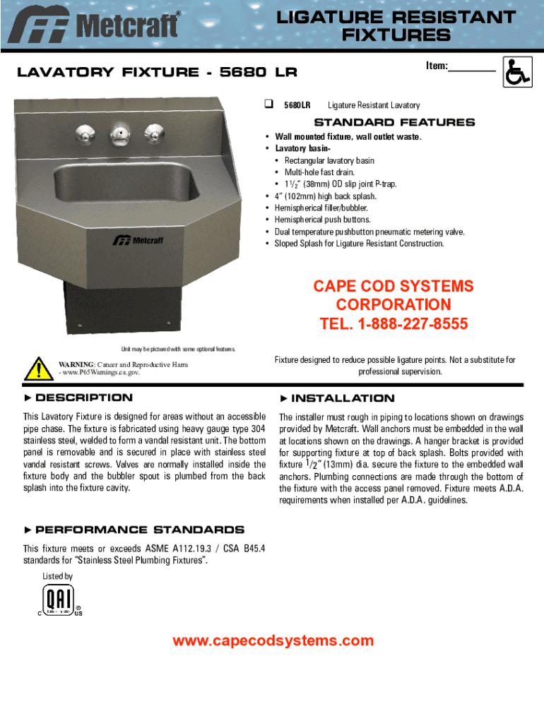 Fillable Online Metcraft Ligature Resistant Fixture with Extended Trap ...