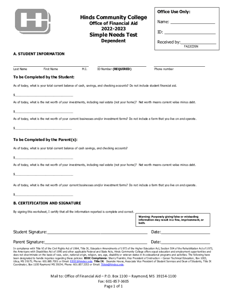 Fillable Online Hinds CC Simple Needs Test Dependent 2022-2023 Fax ...