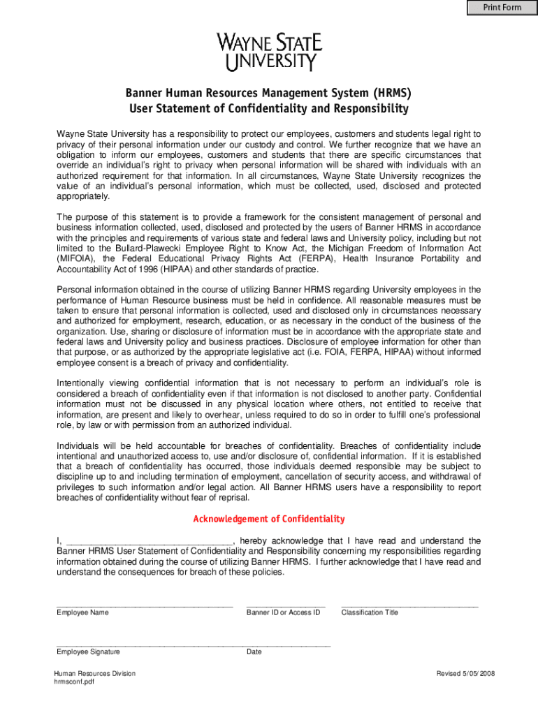 Fillable Online hr wayne HRMS User Statement of Confidentiality and ...