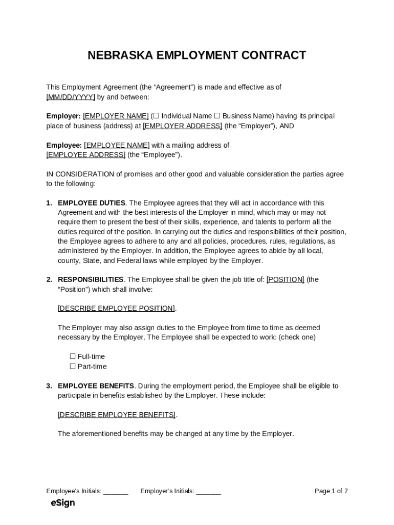 Nebraska Employment Contract Template Doc Template | pdfFiller