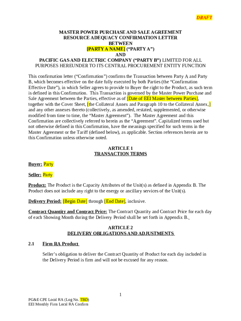 Master Power Purchase and Sale Agreement Doc Template | pdfFiller