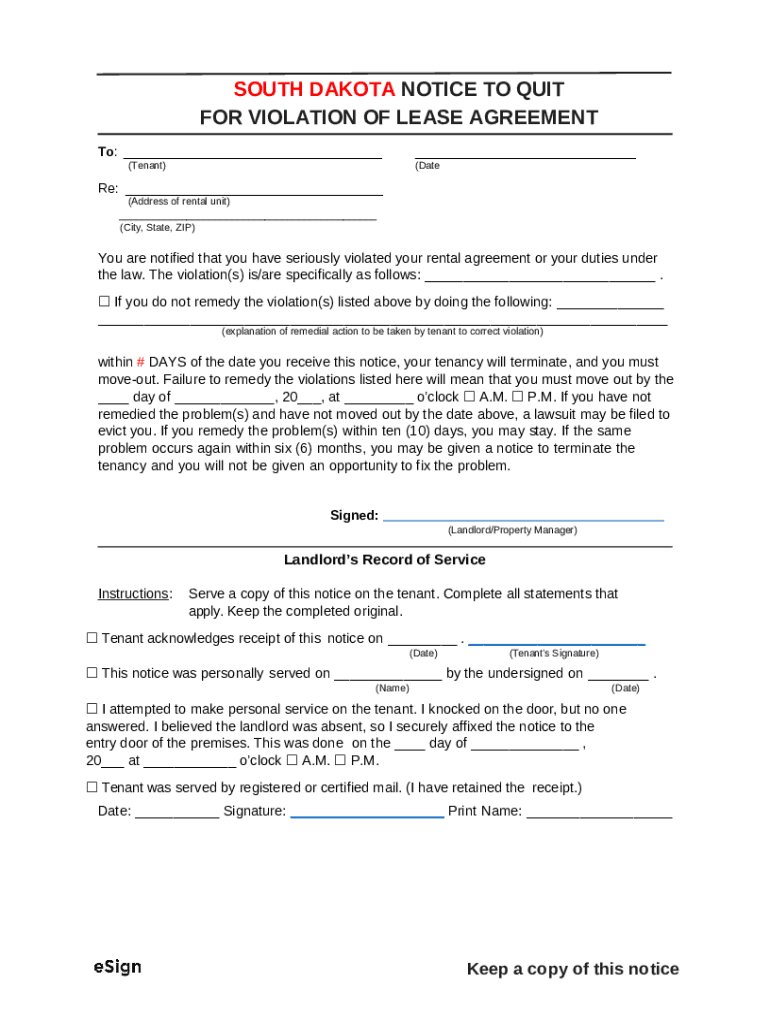 Violation of Lease Eviction Notice Doc Template | pdfFiller