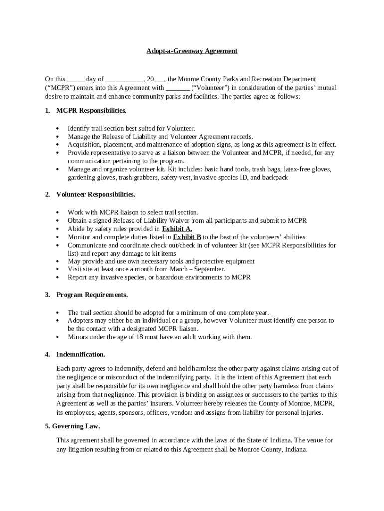 Adopt-a-Greenway Agreement Doc Template | pdfFiller