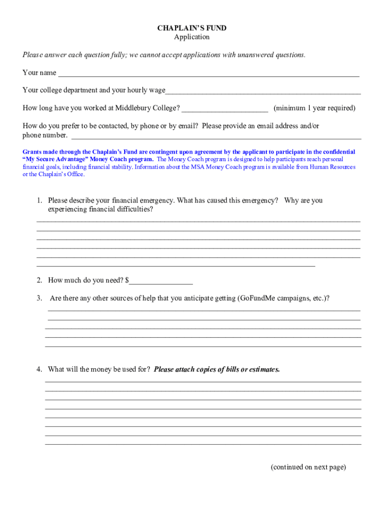 Fillable Online Chaplain's Fund application with worksheet Fax Email ...