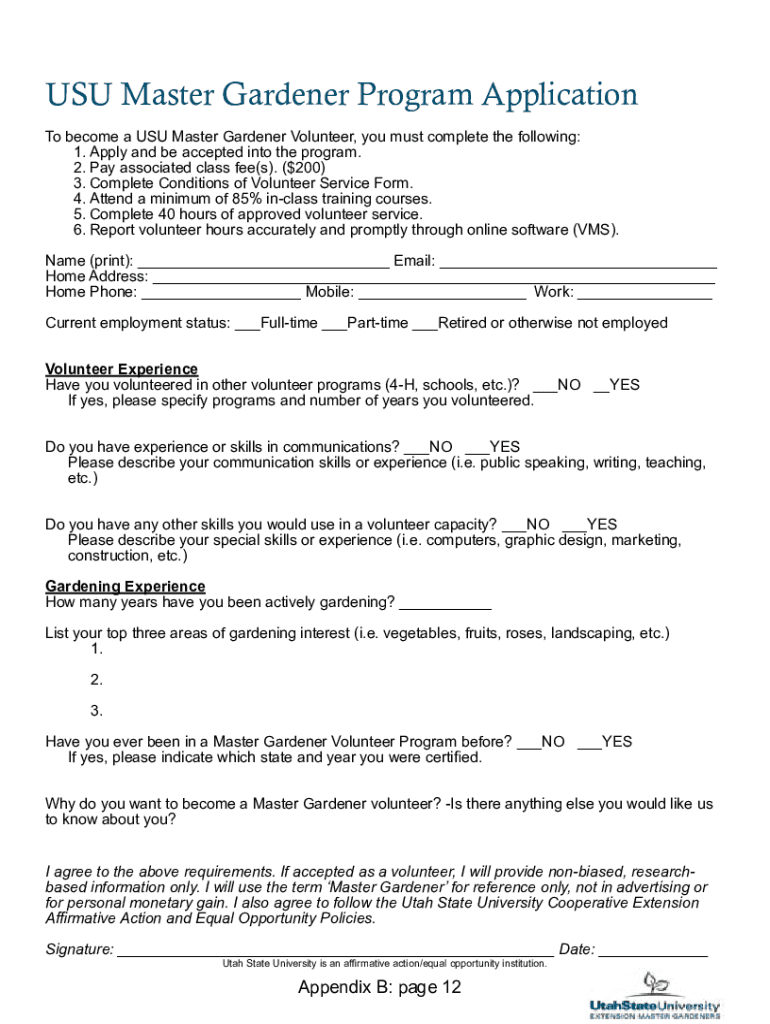 Fillable Online extension usu USU Master Gardener Program Application ...