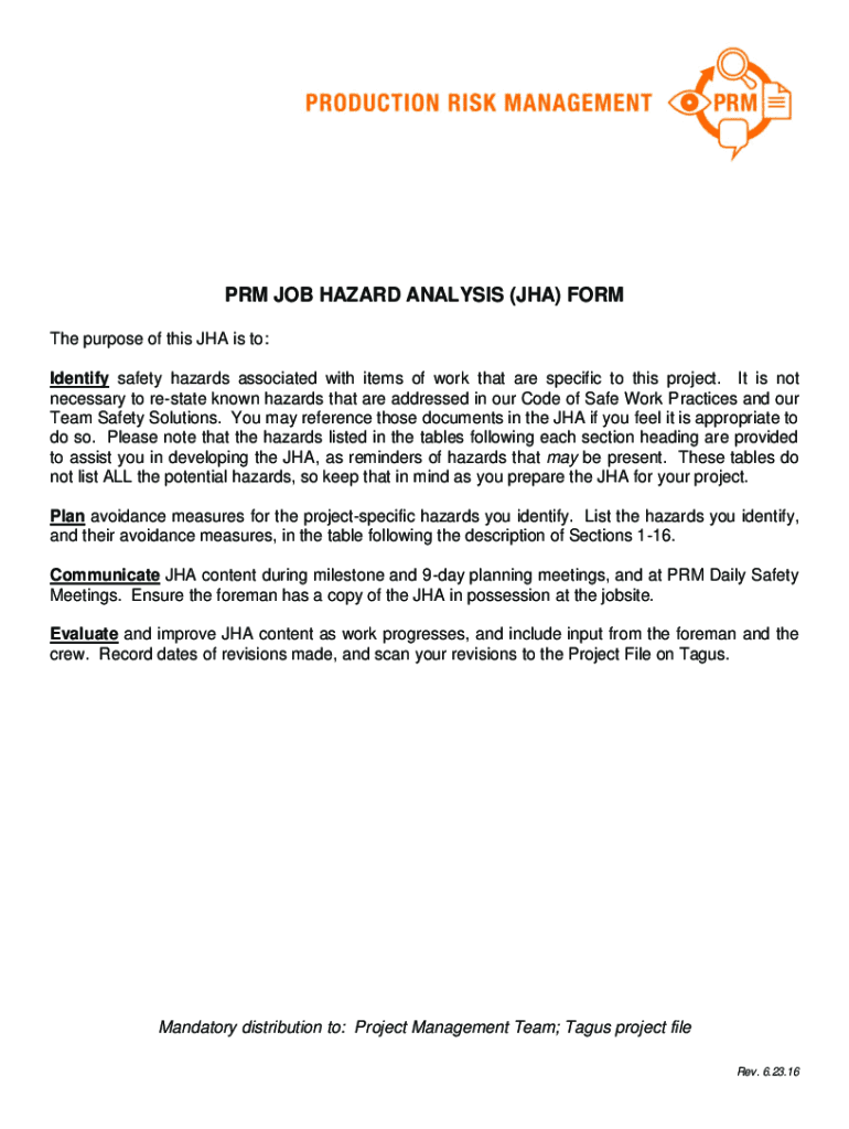 Fillable Online PRM JOB HAZARD ANALYSIS (JHA) FORM Fax Email Print ...