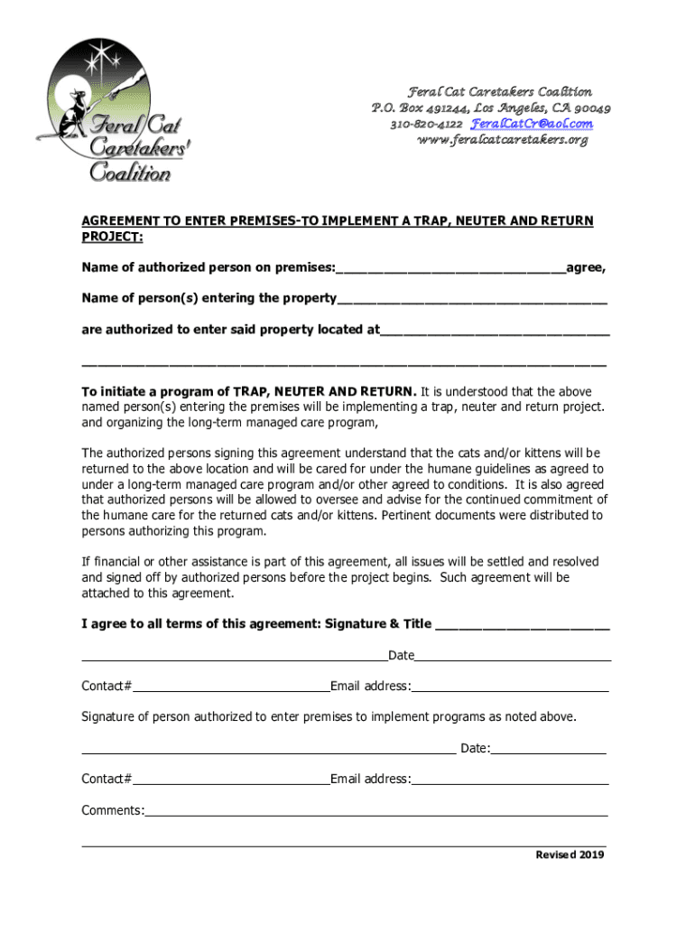 Fillable Online AGREEMENT TO ENTER PREMISES FOR TNR PROJECT.doc Fax ...