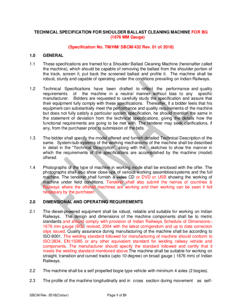 Fillable Online TECHNICAL SPECIFICATION FOR ON TRACK HIGH CAPACITY TIE TAMPING MACHINE FOR BG ...