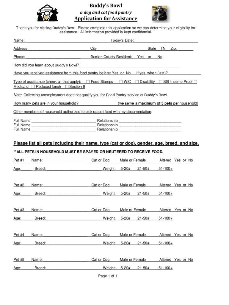 Fillable Online a dog and cat food pantry - Application for Assistance ...