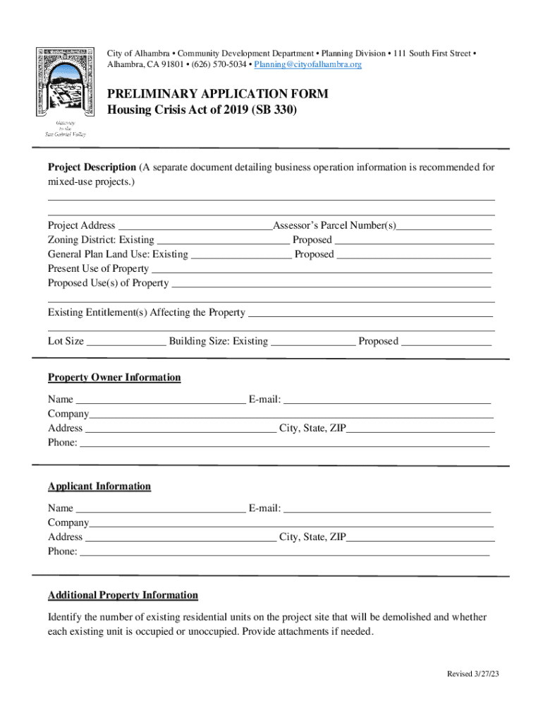 Fillable Online PRELIMINARY APPLICATION FORM Housing Crisis Act of 2019 ... Fax Email Print ...
