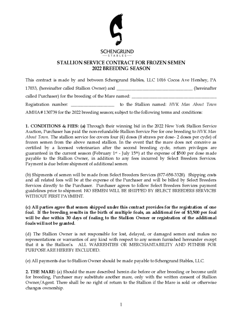 Fillable Online 1 STALLION SERVICE CONTRACT FOR FROZEN SEMEN ... Fax ...