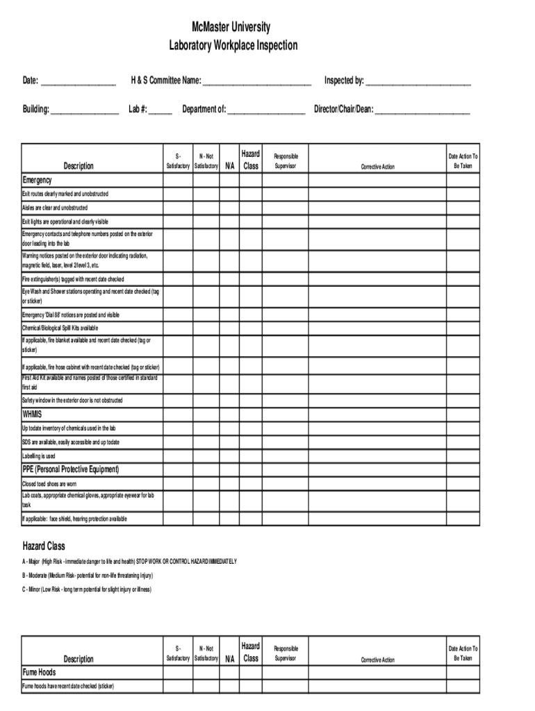 Fillable Online McMaster University Laboratory Workplace Inspection By ...