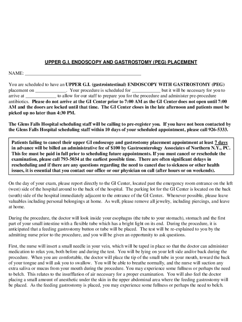 Fillable Online upper gi endoscopy and gastrostomy (peg) placement Fax ...