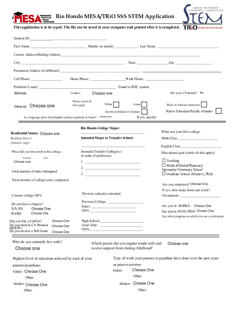 Fillable Online Rio Hondo MESA/TRiO SSS STEM Application Fax Email Print - pdfFiller