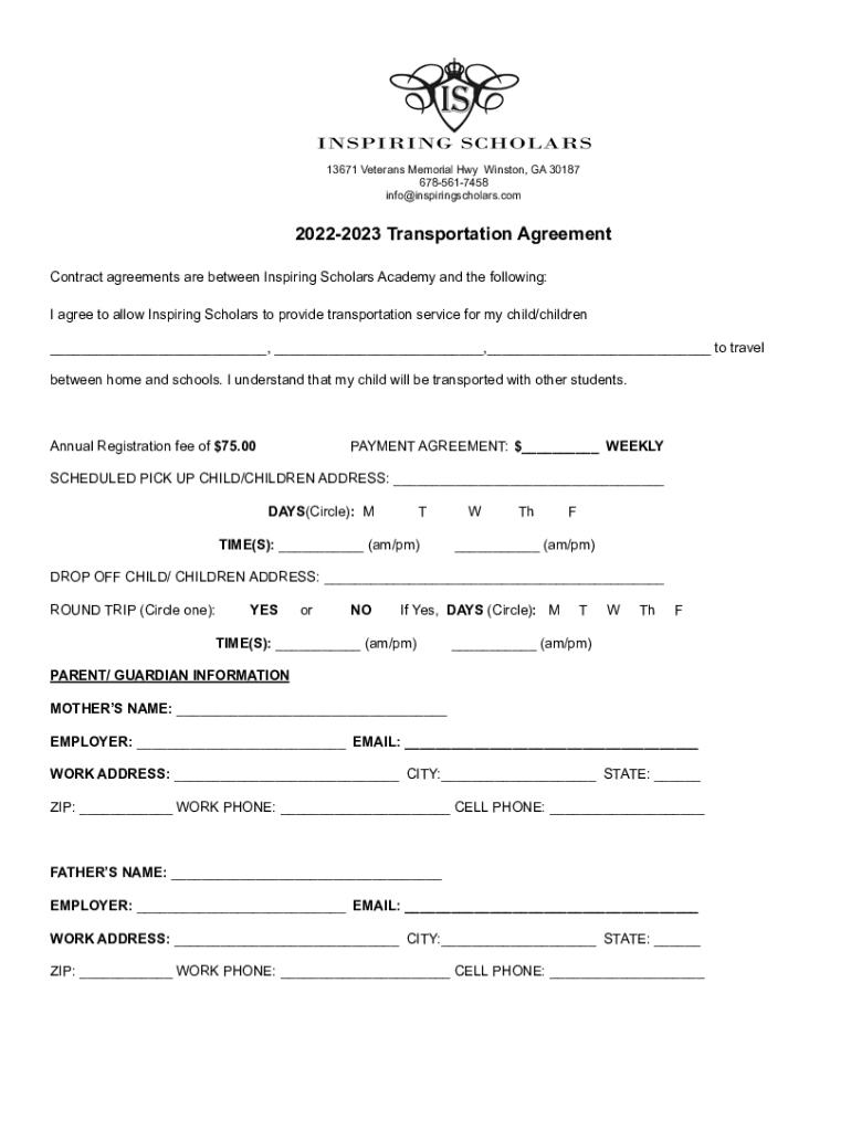 Fillable Online 2022-2023 Transportation Agreement Fax Email Print ...