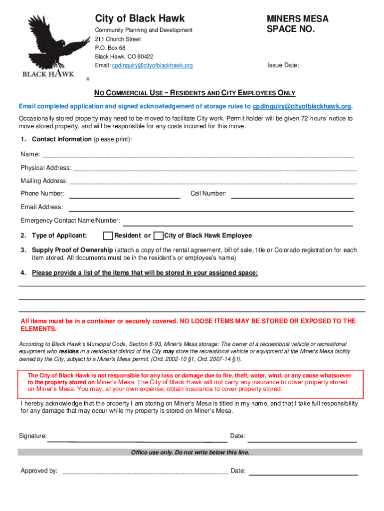 Fillable Online MINERS MESA Storage Application and Rules City of Black Hawk Fax Email Print ...