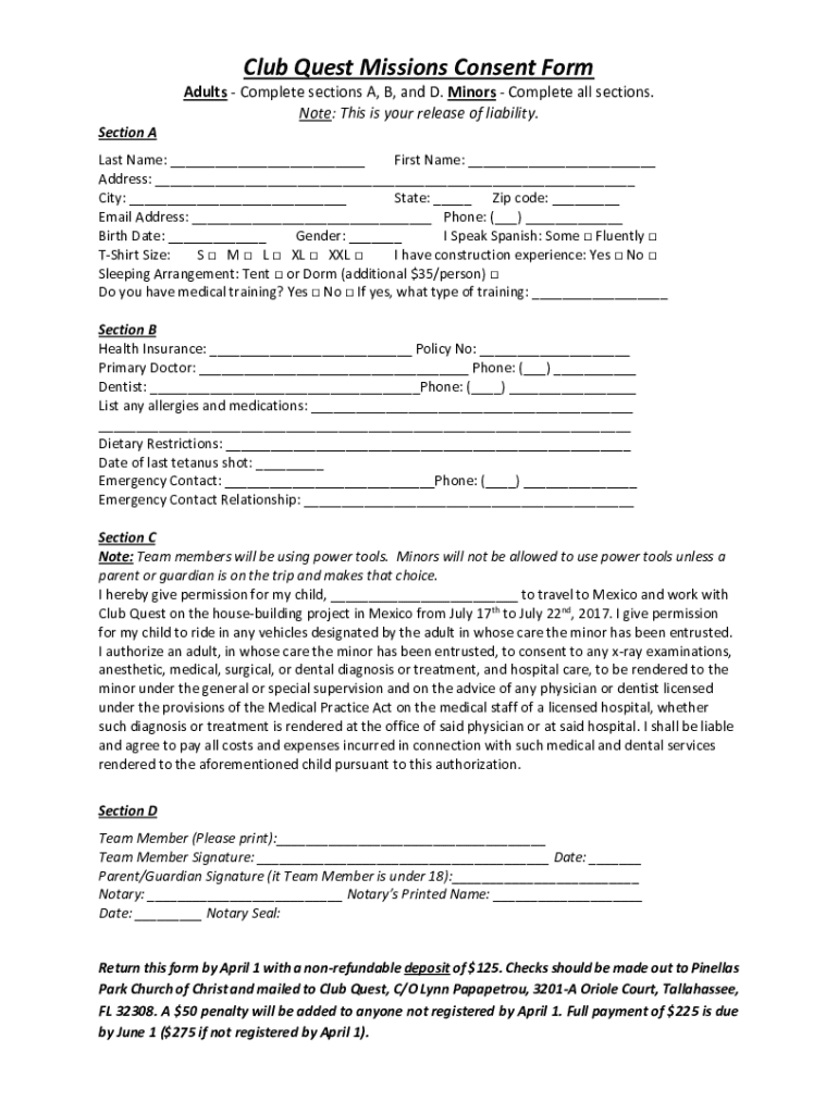 Fillable Online Club Quest Missions Consent Form Fax Email Print ...