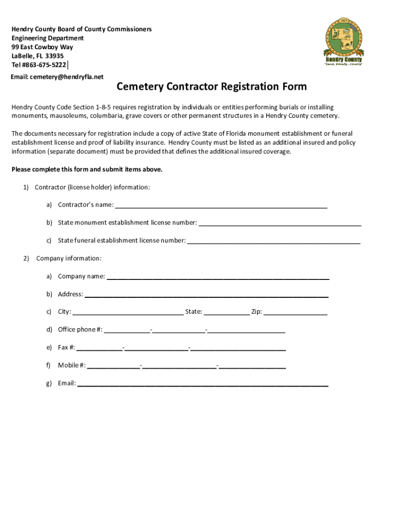 Fillable Online Cemetery Contractor Registration Form Fax Email Print ...