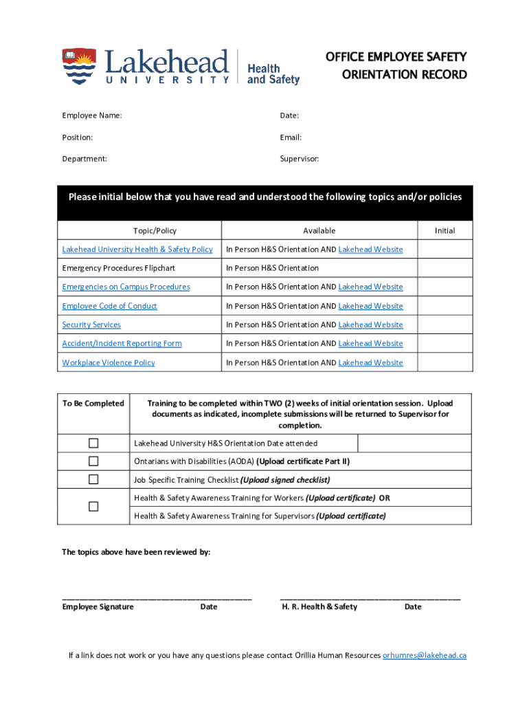Fillable Online OFFICE EMPLOYEE SAFETY ORIENTATION RECORD Fax Email ...