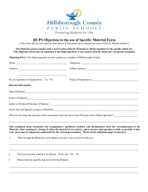 Fillable Online HCPS Objection to the use of Specific Material Form Fax ...