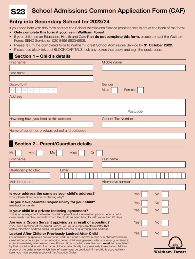 Fillable Online S23 - School Admissions Common Application Form (CAF) Fax Email Print - pdfFiller