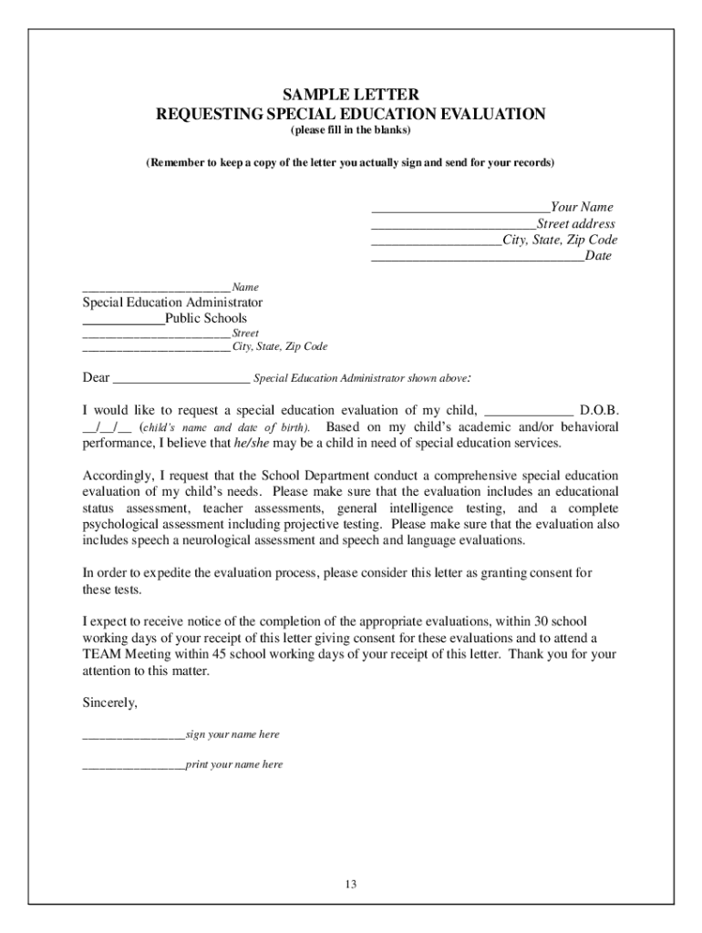 Fillable Online Sample Letter to Request Evaluation Fax Email Print - pdfFiller