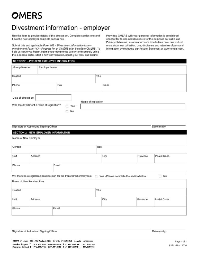 Fillable Online Divestment information form - employer - Form 181 Fax ...