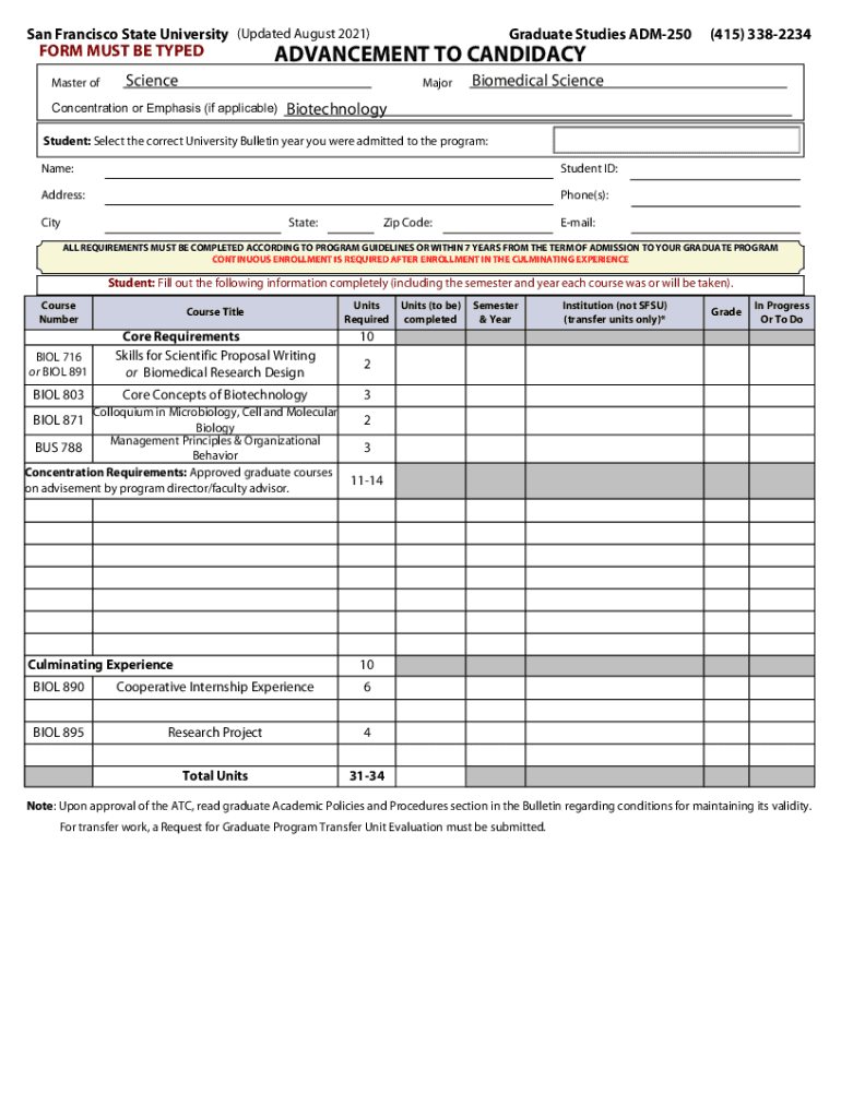 Fillable Online grad sfsu WELCOME TO SF STATE BIOLOGY!!! Fax Email ...