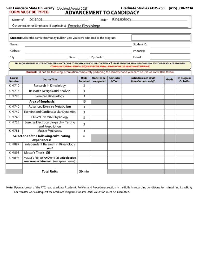 Fillable Online grad sfsu Master of Science in Kinesiology Roadmap for Thesis (KIN ... Fax Email ...