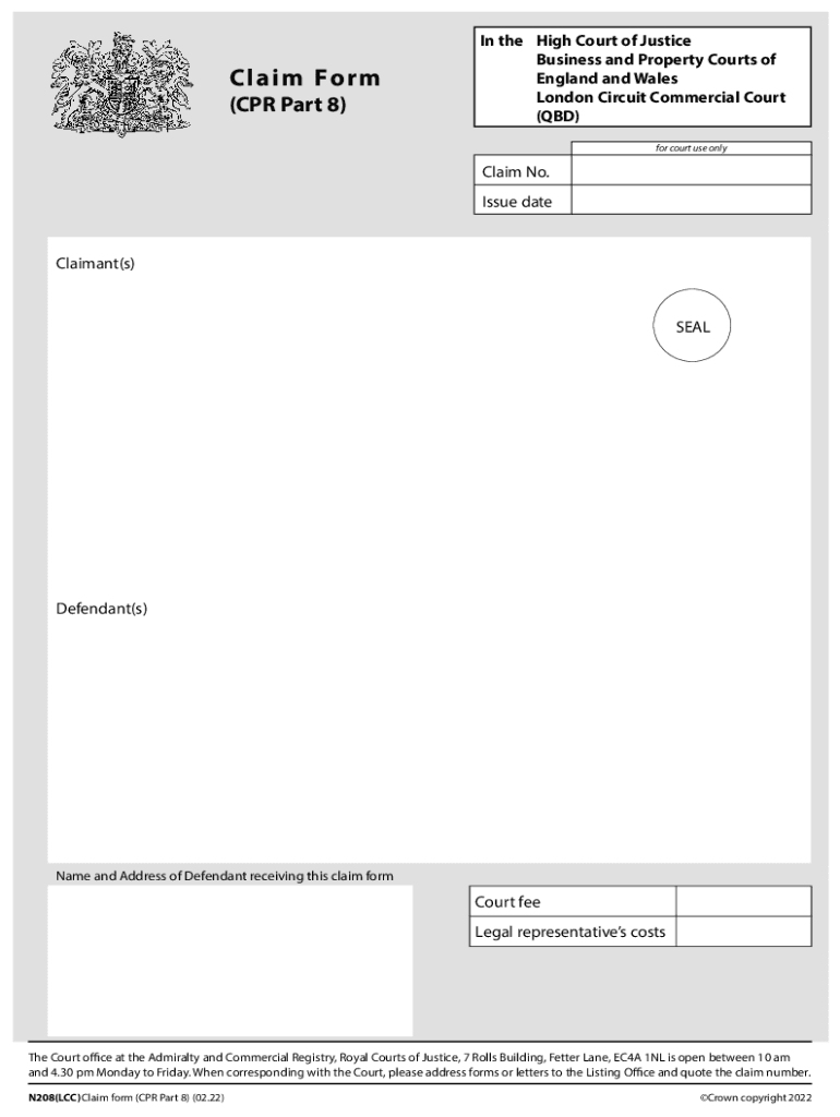 Fillable Online N208(LCC) Claim form (CPR Part 8). N208(LCC) Claim form ...