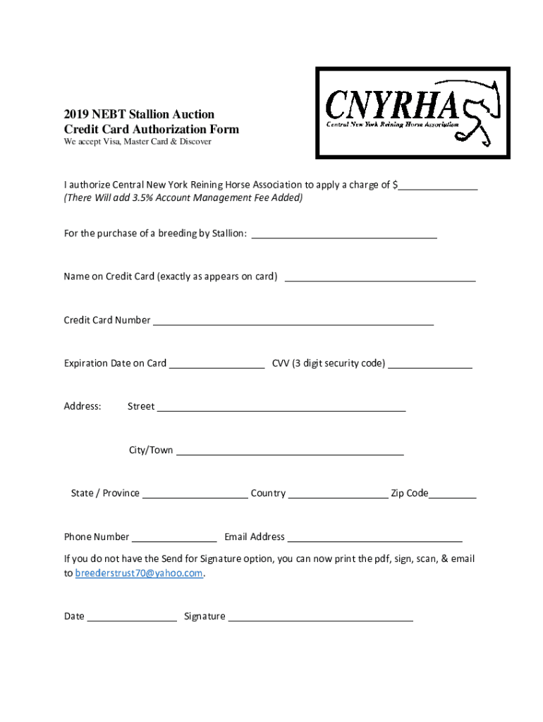 Fillable Online 2019 NEBT Stallion Auction Credit Card Authorization ...