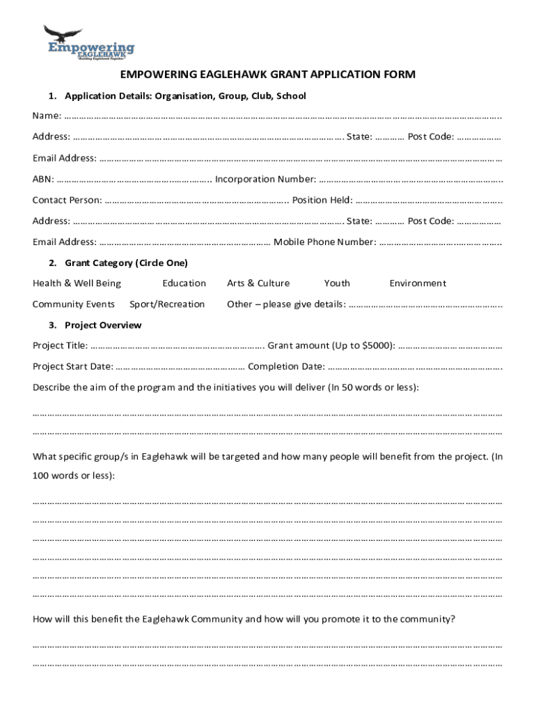 Fillable Online EMPOWERING EAGLEHAWK GRANT APPLICATION FORM New app ...