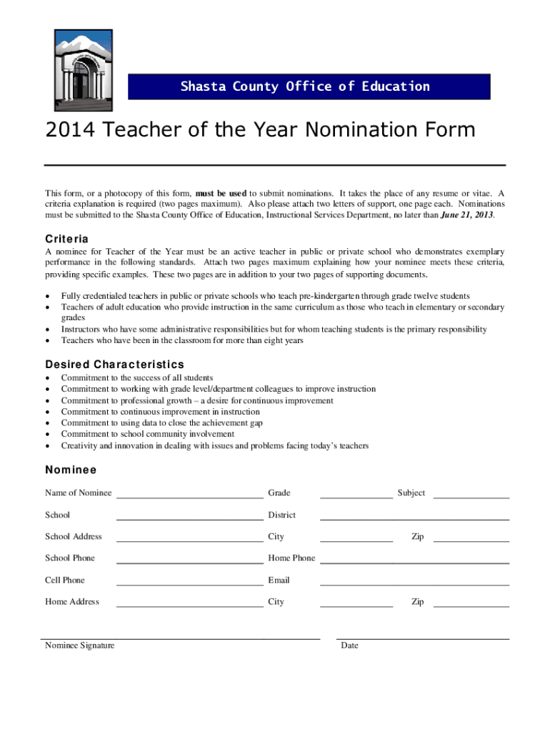 Fillable Online Teacher of the Year Nomination Form Template Fax Email ...