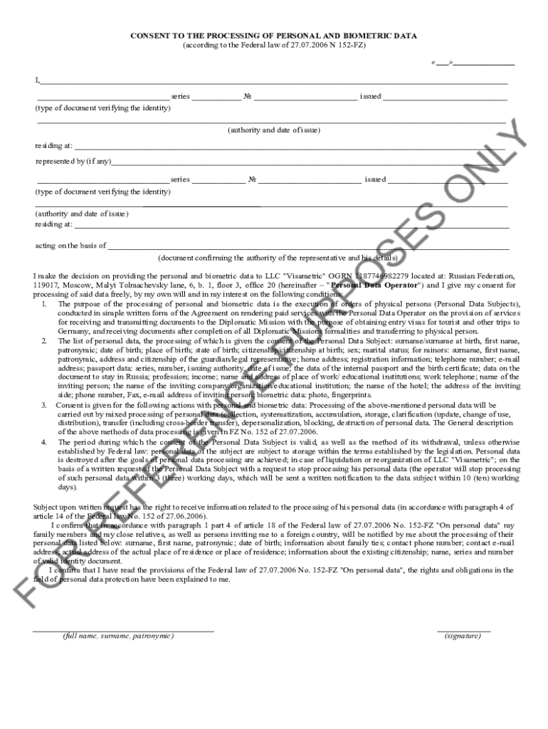 Fillable Online consent to the processing of personal and biometric ...
